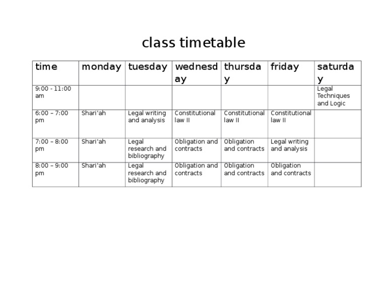 Class Timetable: Time Monday Tuesday Wednesd Ay Thursda y Friday ...
