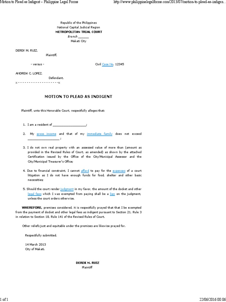 Motion to Plead Indigent in Court | PDF | Law