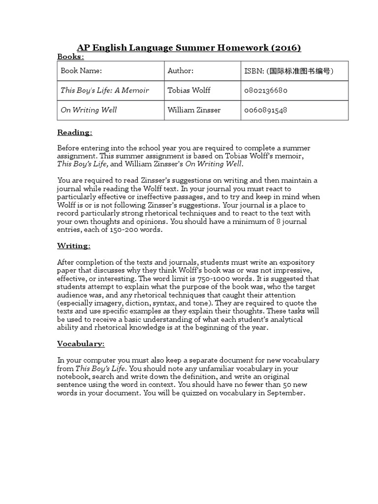 AP English Language Summer Homework (2016) : This Boy's Life: A Memoir ...