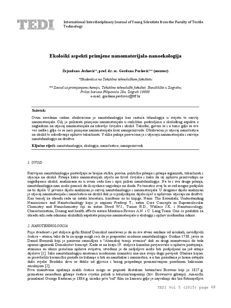 Ekološki Aspekti Primjene Nanomaterijala-Nanoekologija | PDF