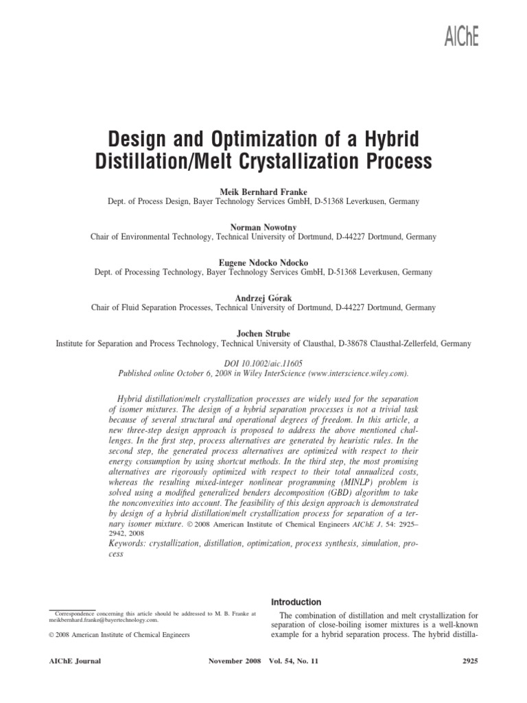 Design and Optimization of A Hybrid Distillation - Melt Crystallization Process - Franke2008 ...