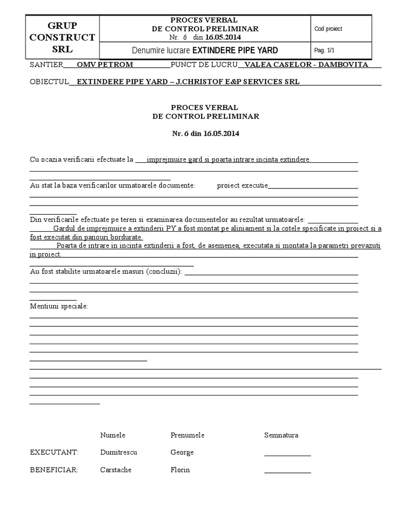 Proces Verbal de Control Preliminar - Executie Gard