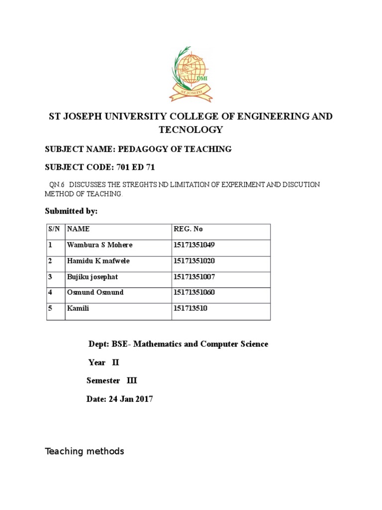 ST Joseph University College of Engineering and Tecnology: Subject Name: Pedagogy of Teaching ...