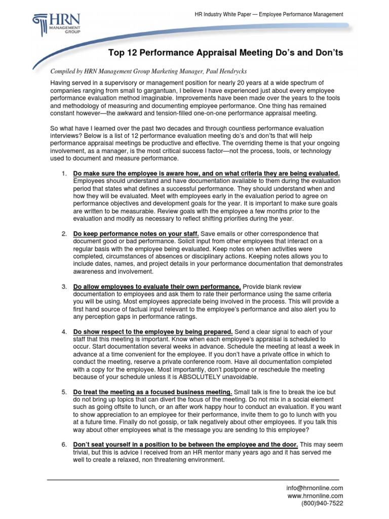 Top 12 Performance Appraisal Meeting Dos and Don'ts | PDF | Performance ...