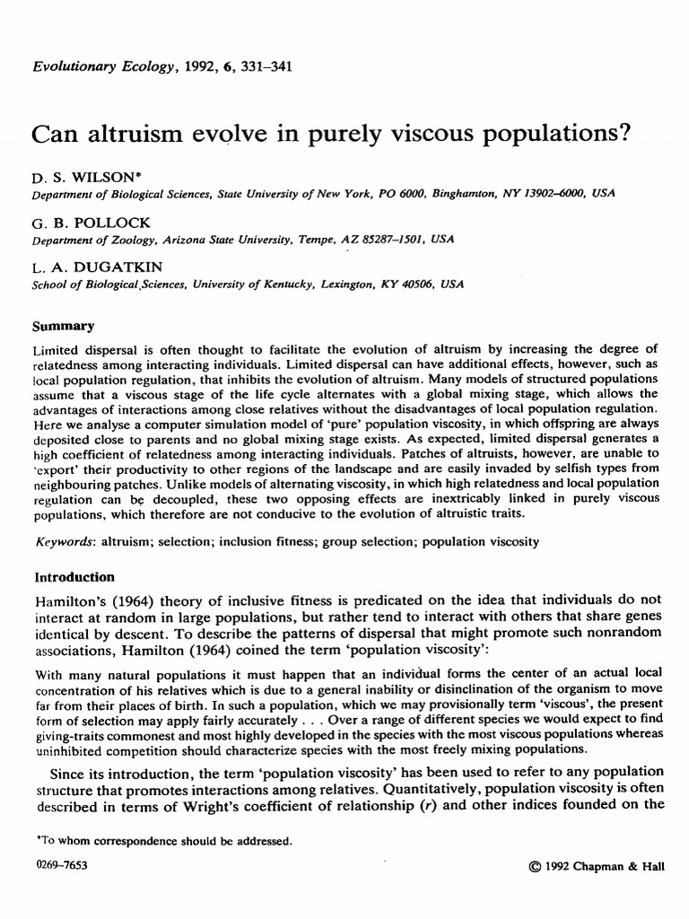 1992 Can Altruism Evolve in Purely Viscous Populations | PDF ...