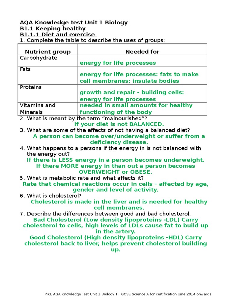 PiXL Knowledge Test ANSWERS - AQA B1 CORE Science - Legacy (2016 and ...