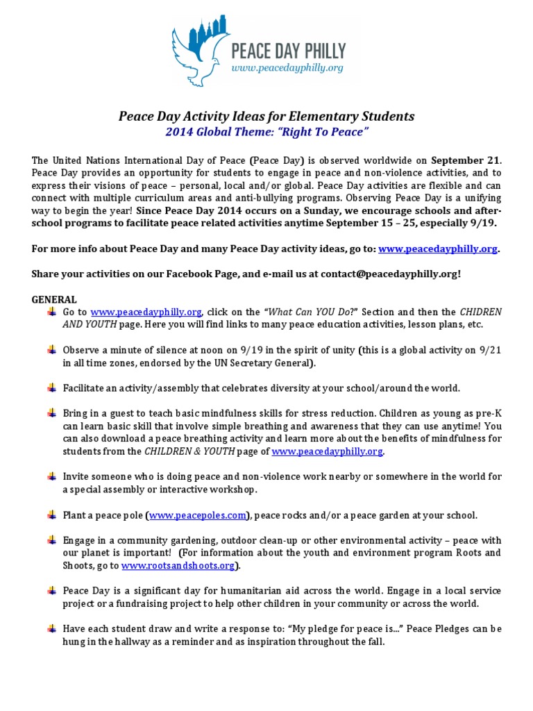 Peace Day Activity Ideas for Elementary Students | PDF | Peace | Cognition