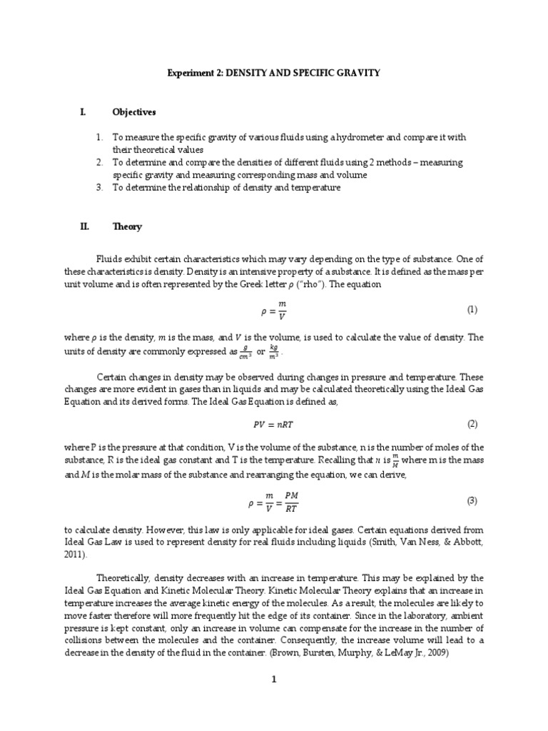 Density and Specific Gravity Experiment | PDF | Science & Mathematics