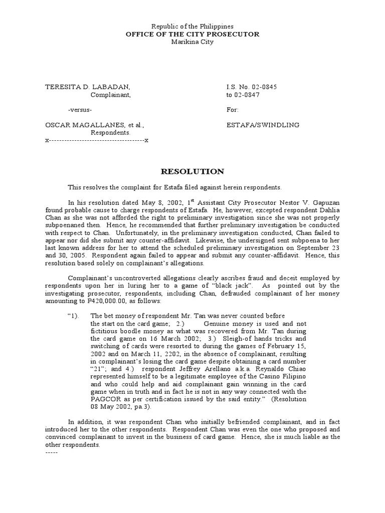 Resolution - Estafa | PDF | Prosecutor | Fraud