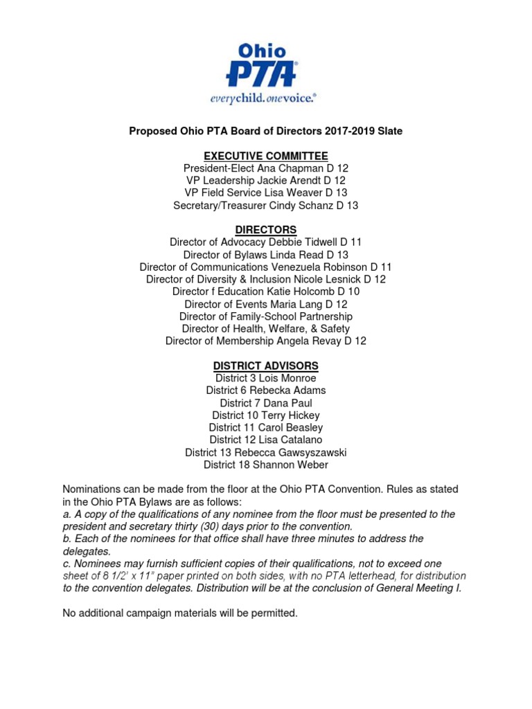 Proposed Ohio PTA Board of Directors 2017-2019 Slate