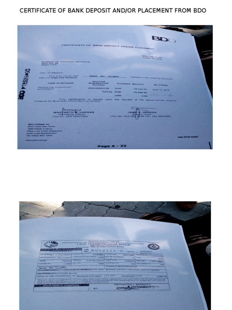 Certificate of Bank Deposit And/Or Placement From Bdo | PDF