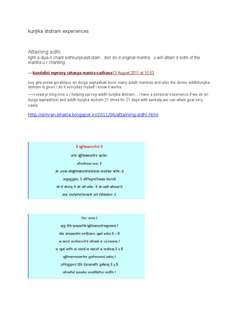 Kunjika Stotram Experiences | Download Free PDF | Devi | Hindu Literature Kunjika Stotram Experiences | Download Free PDF | Devi | Hindu Literature