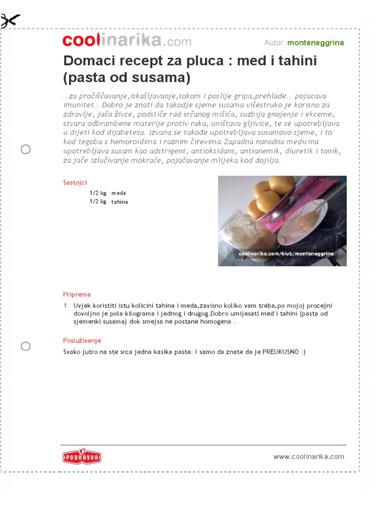 Domaci Recept Za Pluca Med I Tahini Pasta Od Susama | PDF