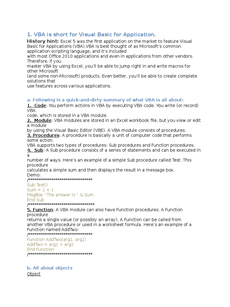 VBA Is Short For Visual Basic For Application.: History Hint | Download Free PDF | Visual Basic ...