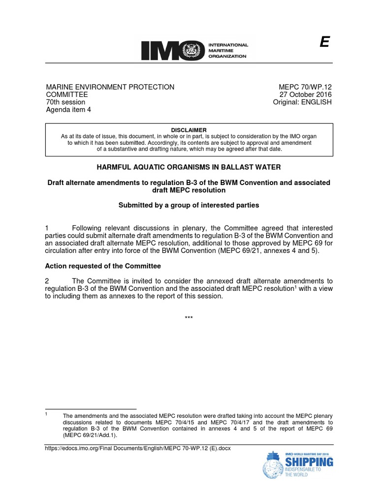 Proposed Alternate Amendments to Regulation B-3 of the BWM Convention ...