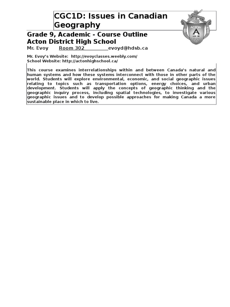 CGC1D Course Outline: Canadian Geography | PDF | Sustainability | Resource