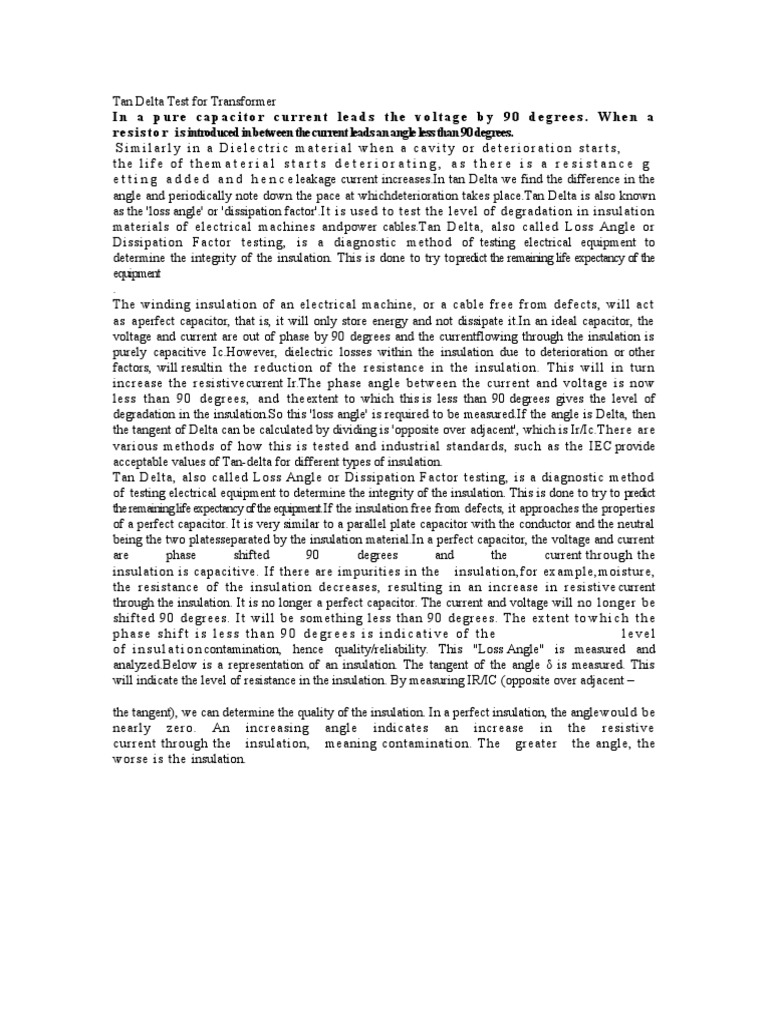 Tan Delta Test For Transformer | PDF | Capacitor | Insulator (Electricity)