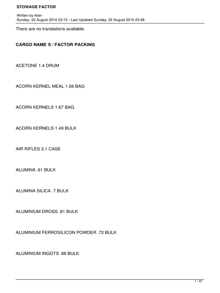 Stowage Factor Guide for Cargo Names and Packaging Types | PDF | Sodium ...
