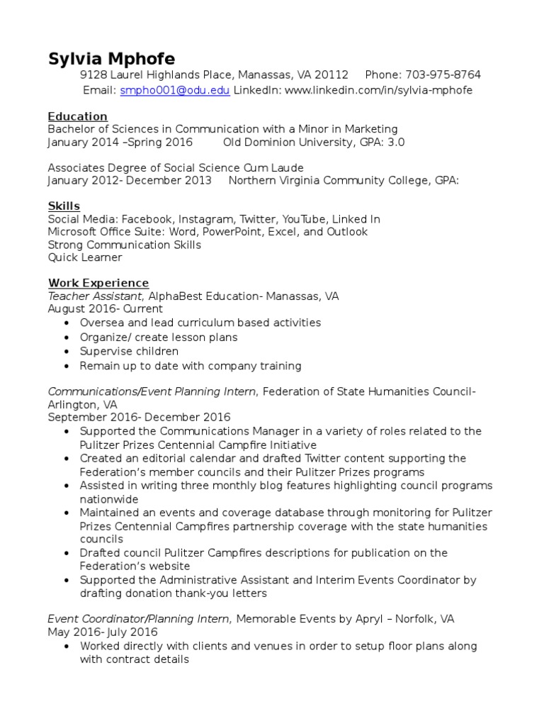 Resume-Sylvia Mphofe | PDF | Virginia | Social Media