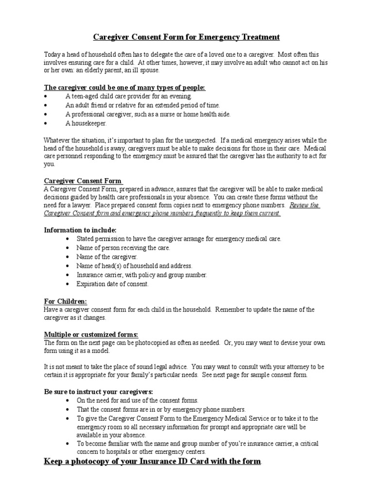 Caregiver Consent Form For Medical Treatment | PDF | Caregiver ...