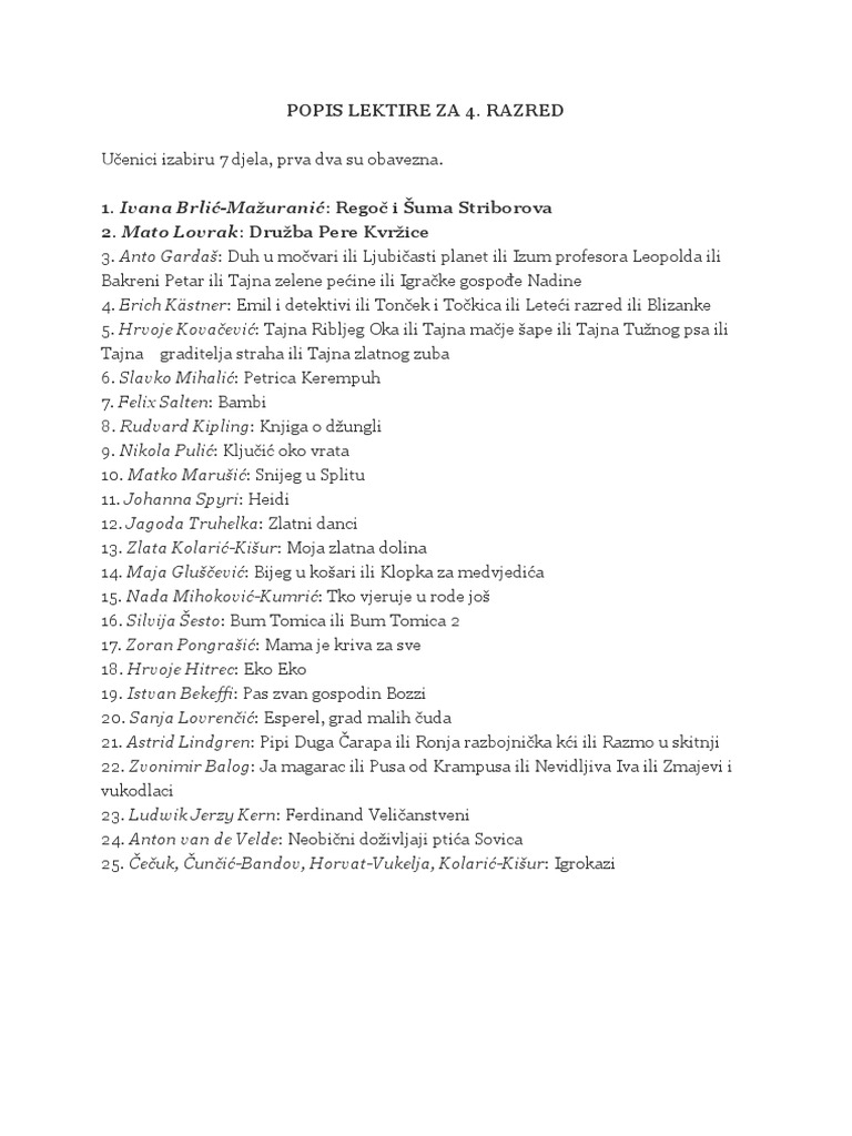 Popis Lektire Za 4 | PDF