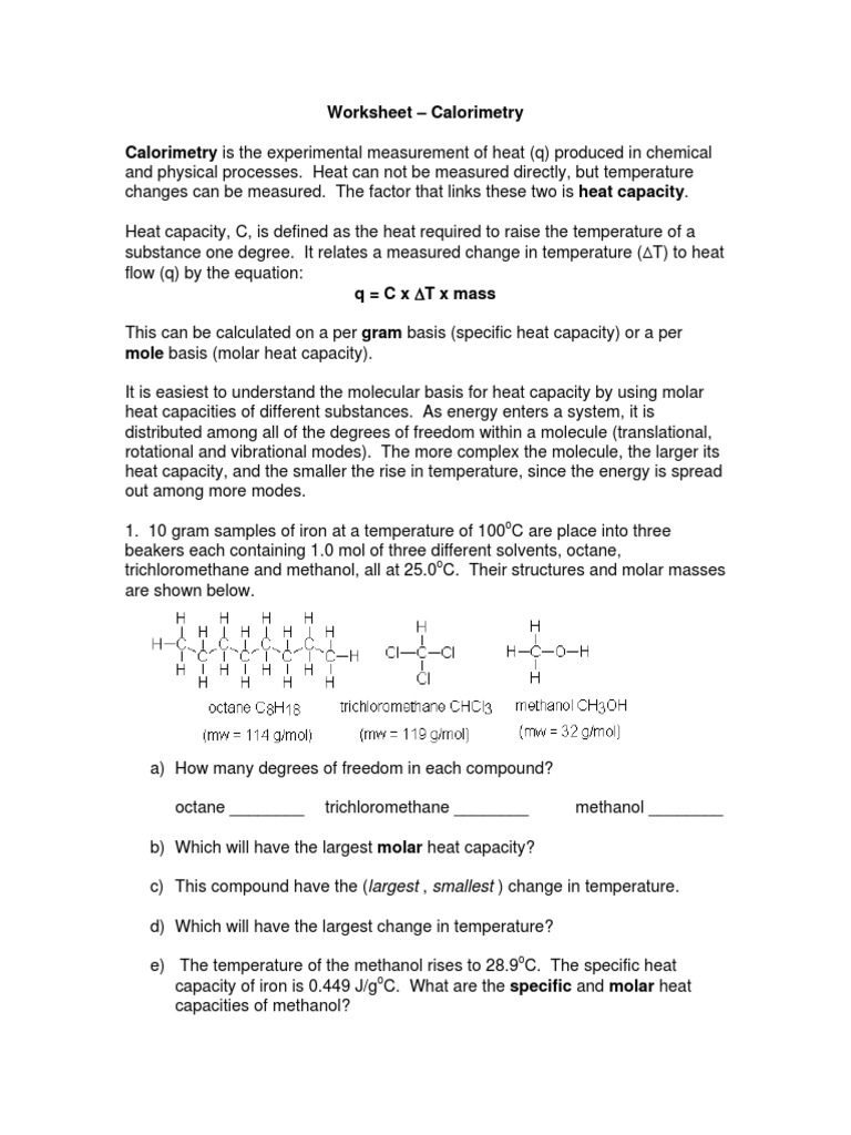 Worksheet Calorimetry | PDF