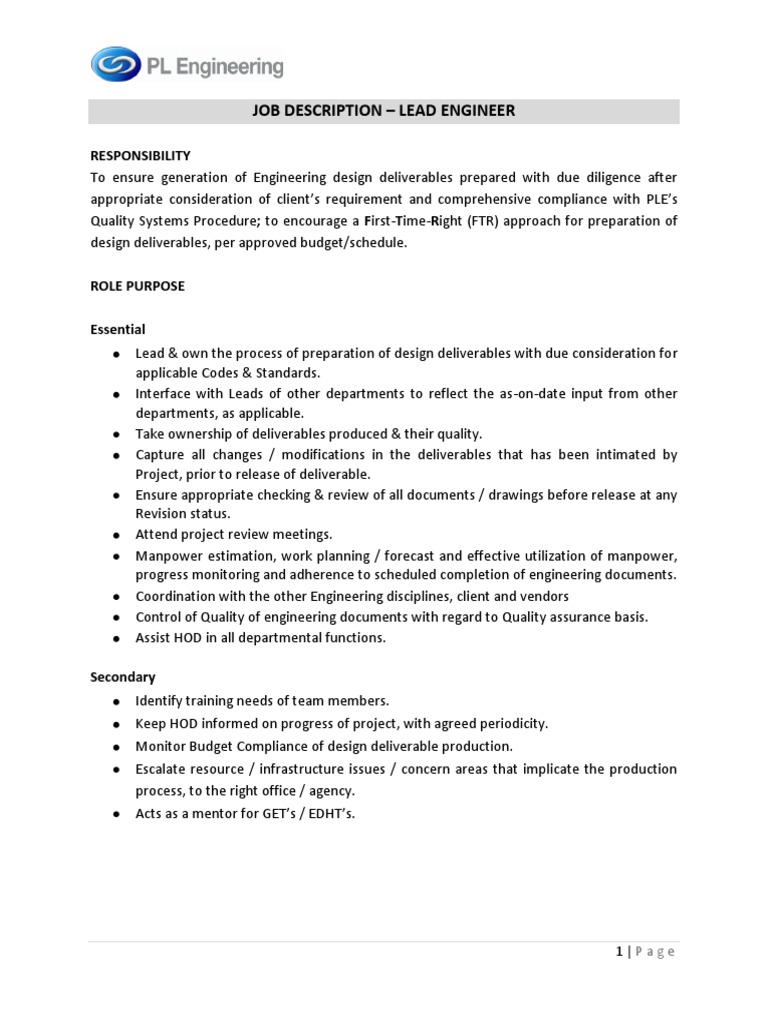 JD Pipeline Lead Engineer | PDF | Pipeline Transport | Engineering ...