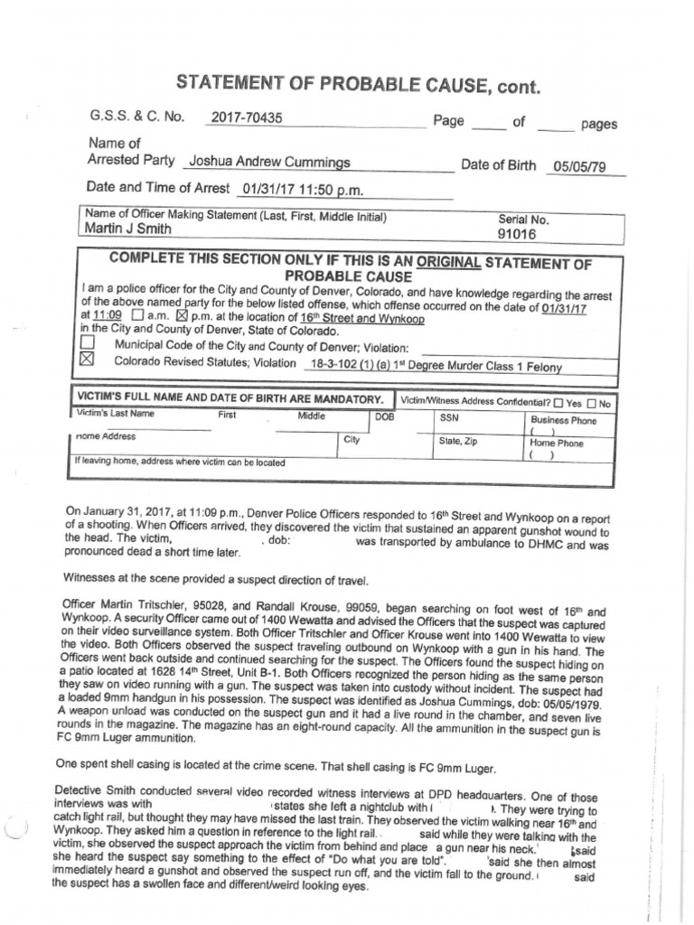 Joshua Cummings Probable Cause Statement