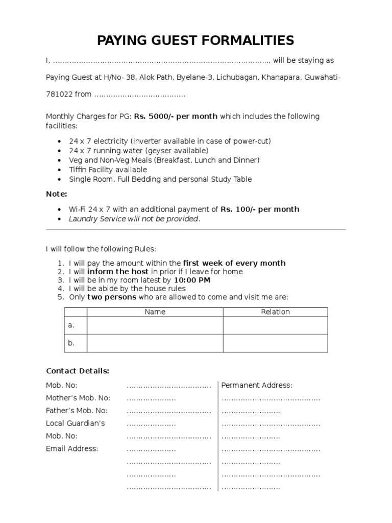 Paying Guest Formalities | PDF