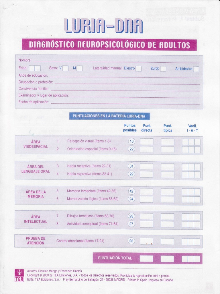 Cuadernillo Test (Luria-DNA) (Tea Ediciones).pdf | León | Naturaleza