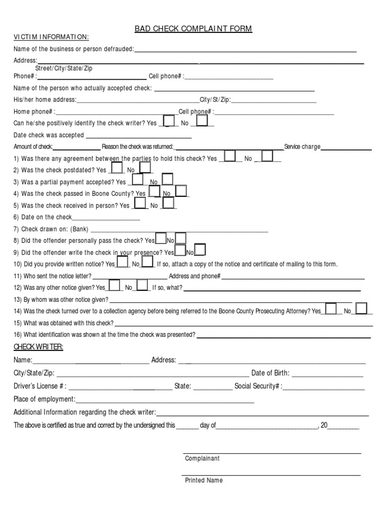 Bad Check Complaint Form: Victim Information | PDF