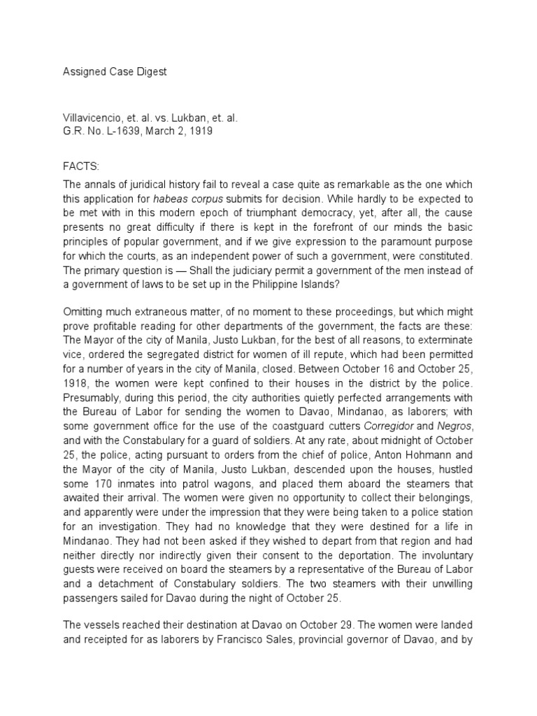 Case Digest Villavicencio Vs Lukban | PDF | Habeas Corpus | Writ