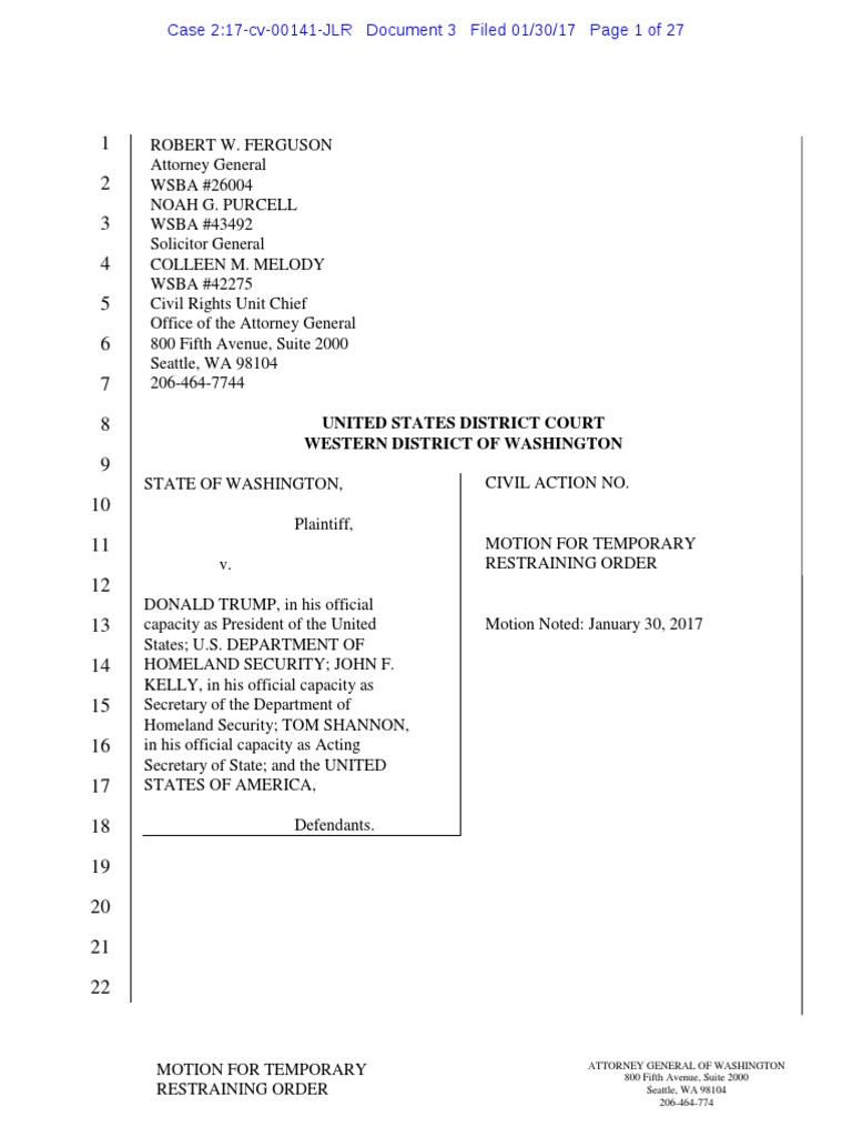Washington v. Trump - Motion For Temporary Restraining Order | PDF | American Government ...