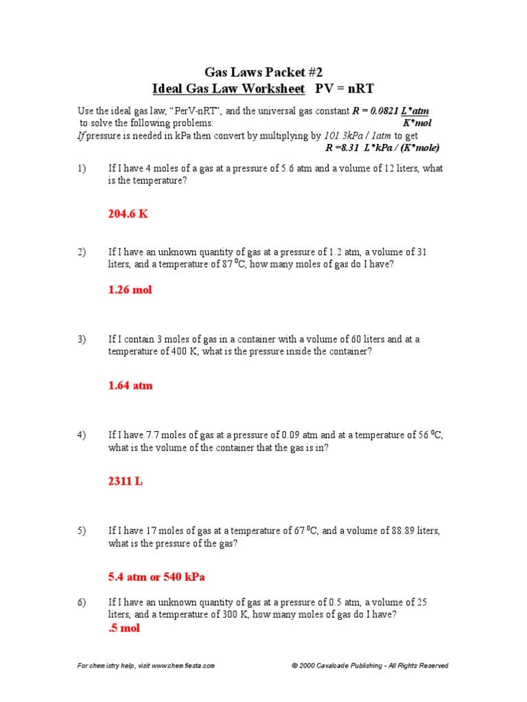 Gas Laws Packet 2 ANSWERS | PDF | Gases | Mole (Unit)
