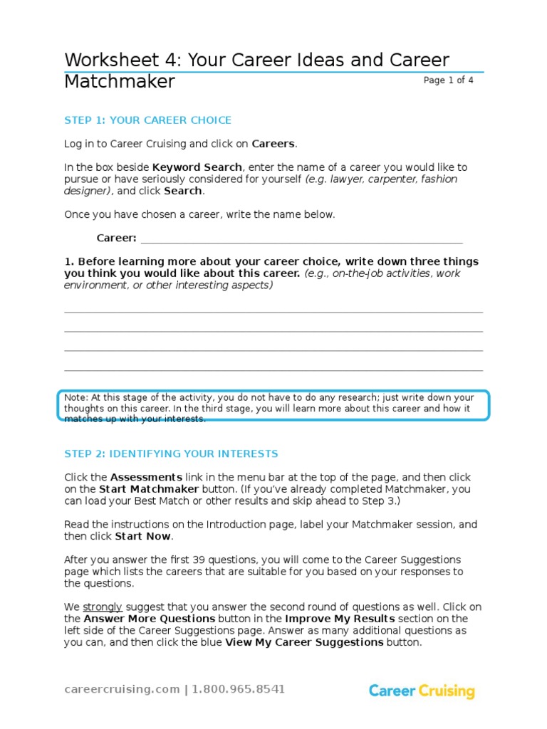 Worksheet 4: Your Career Ideas and Career Matchmaker | PDF | Cognition ...