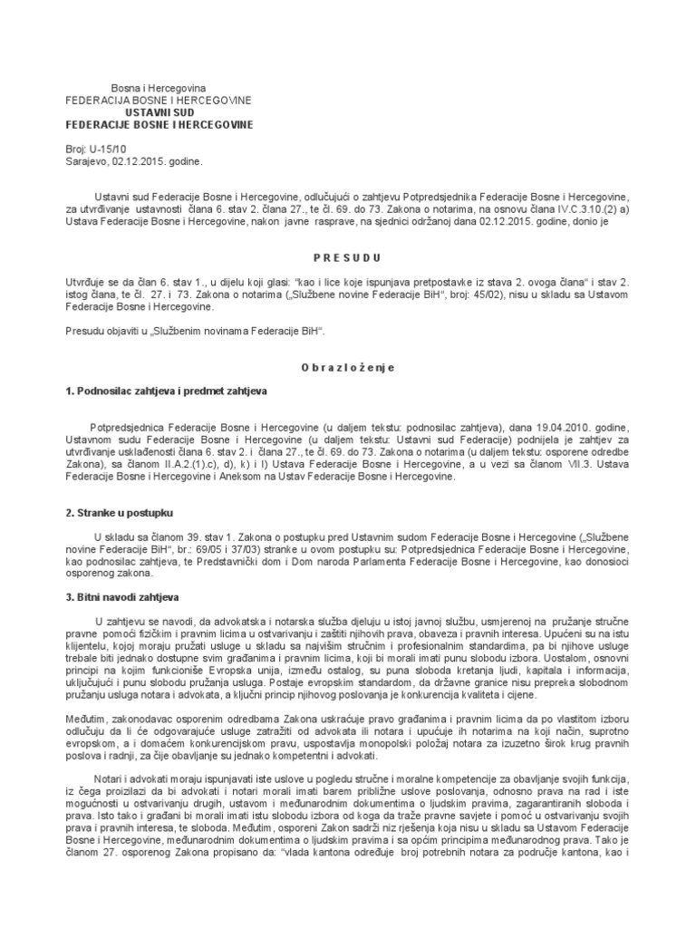 Presuda Ustavnog Suda FBiH U-15-10 | PDF