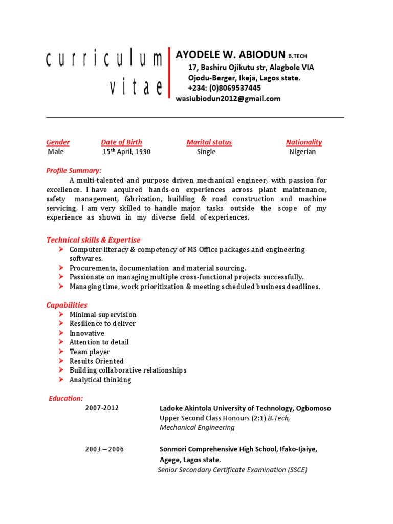 AYODELE W. A. Curriculum Vitae | PDF | Engineer | Engineering