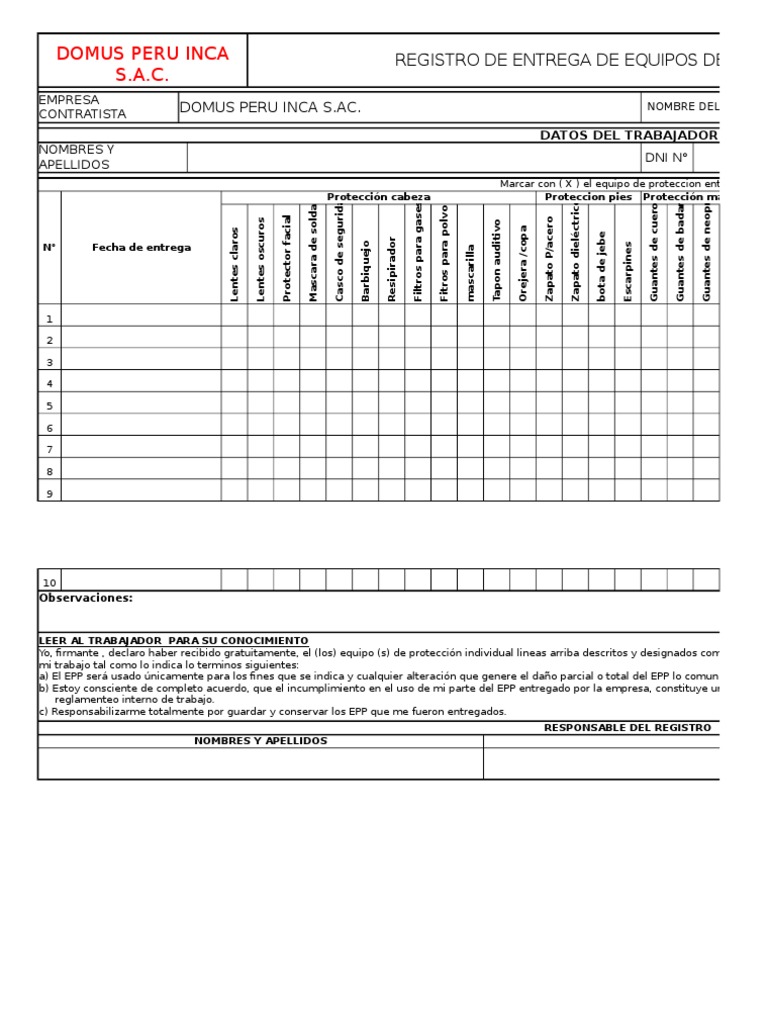 Registro de Entrega de EPP