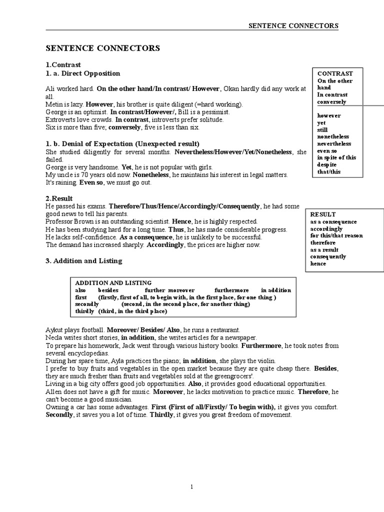 Sentence Connectors: 1.contrast 1. A. Direct Opposition | PDF ...