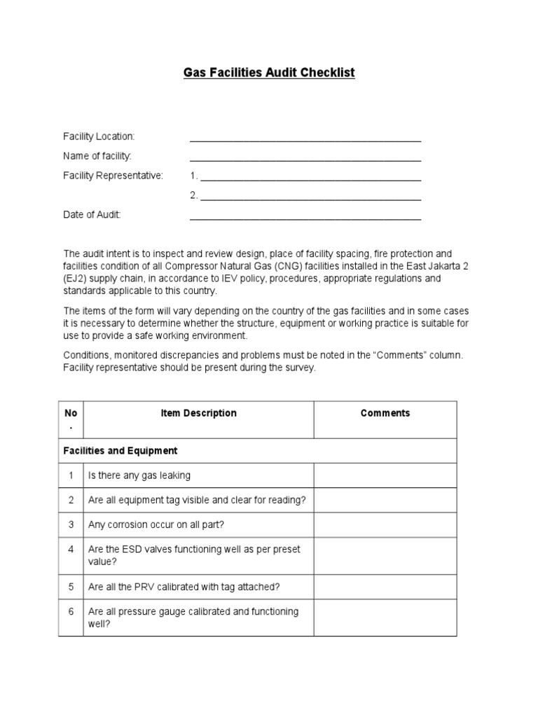 Gas Facilities Audit Checklist Template | PDF | Technology & Engineering