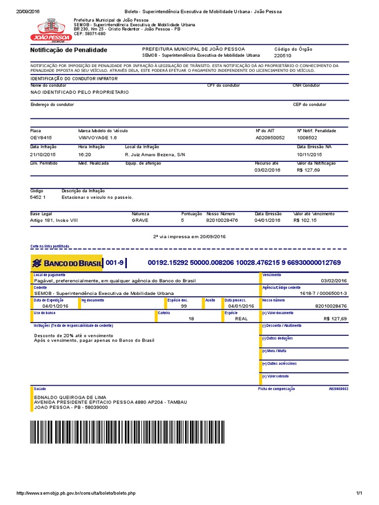 Boleto - Multa - Semob - João Pessoa | PDF | Transporte | Transporte ...
