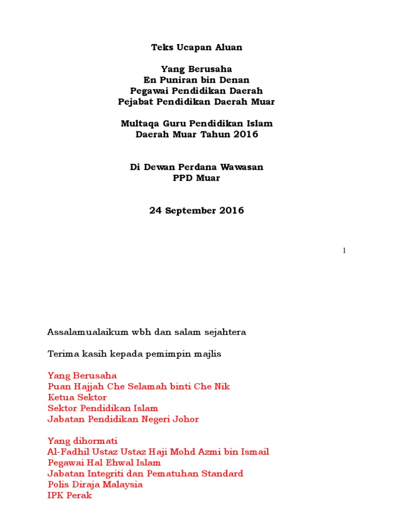 Teks Ucapan Aluan Multaqa 2016 Muar | PDF