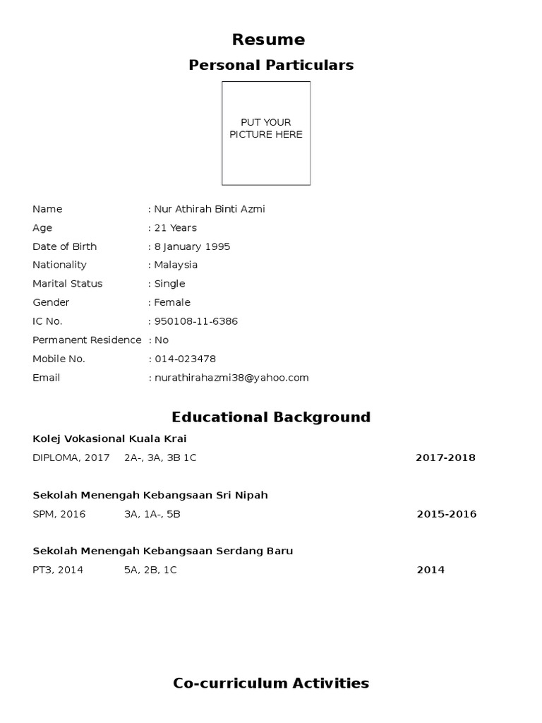 Resume: Personal Particulars | PDF