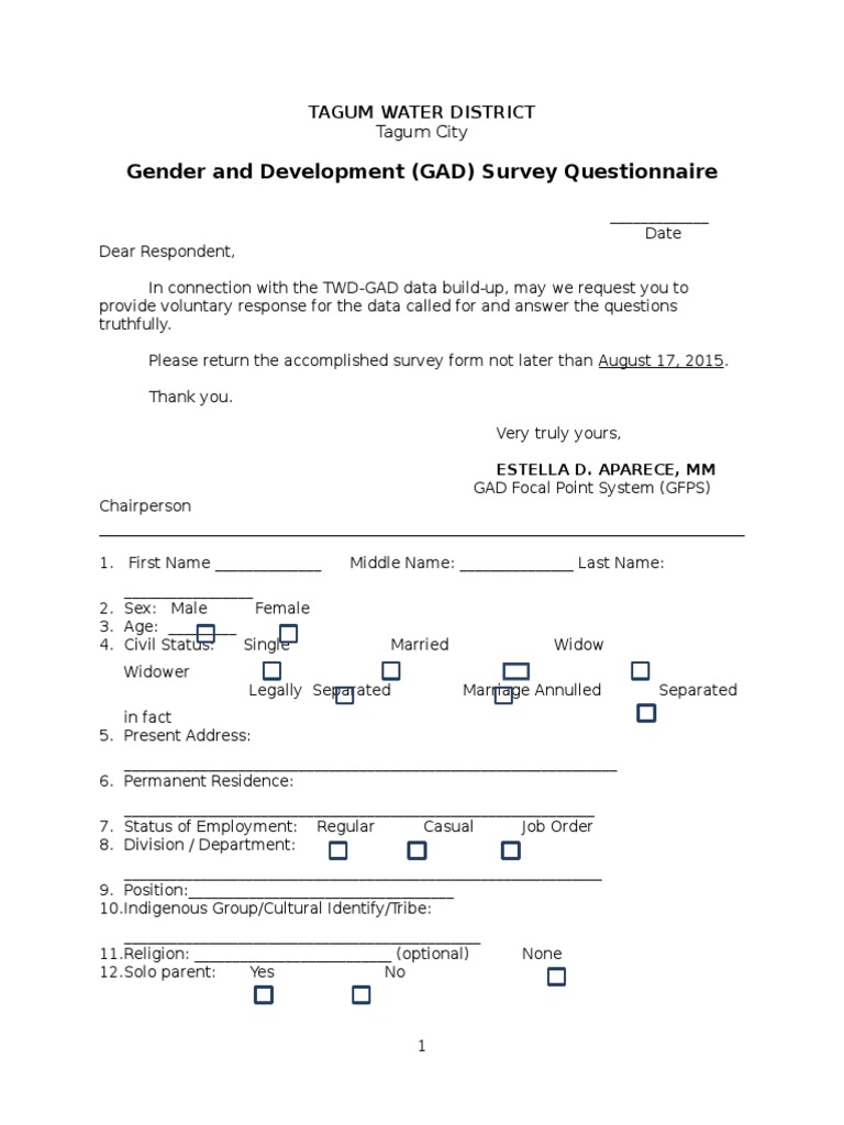 Twd-gad Survey Questionnaire | Harassment | Psychological Abuse