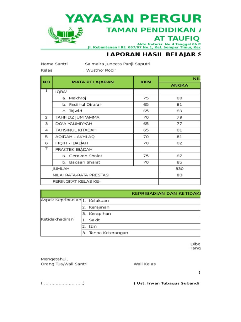 Raport Bayangan TPQ 2016 | PDF