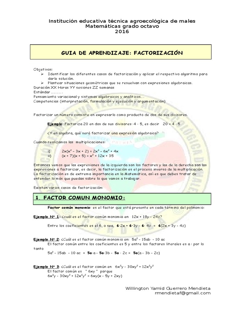 Guia Aprendizaje Factorizacion Wygm | PDF | Factorización | Álgebra ...