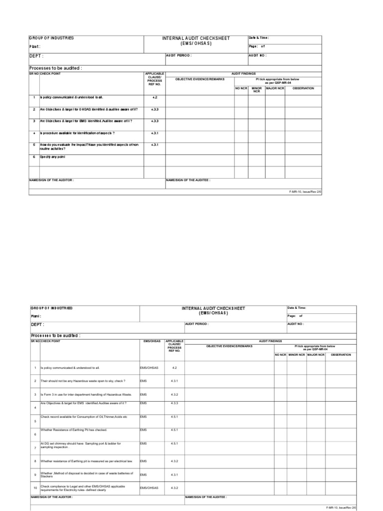 Internal Audit Checksheet EMS-OHSAS | PDF | Internal Audit | Audit