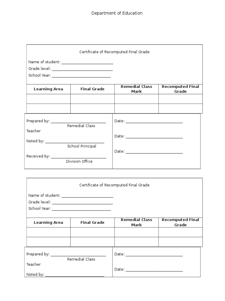 Certificate of Recomputed Final Grade