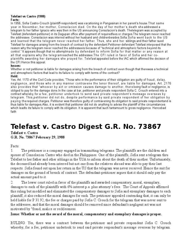 Telefast Vs Castro | PDF | Damages | Negligence