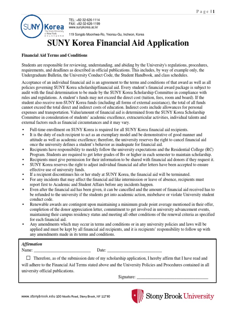 SUNY Korea Financial Aid Application - 1 | PDF | Student Financial Aid ...